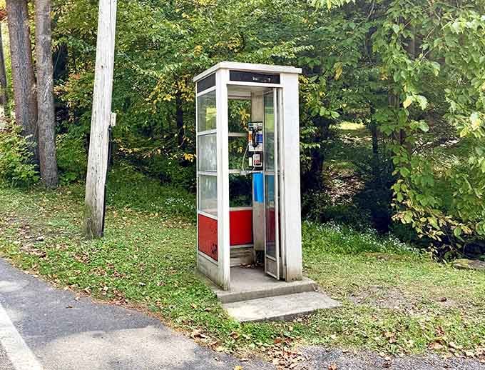 An actual working phone booth stands as a nostalgic reminder of when "going viral" meant catching the flu.