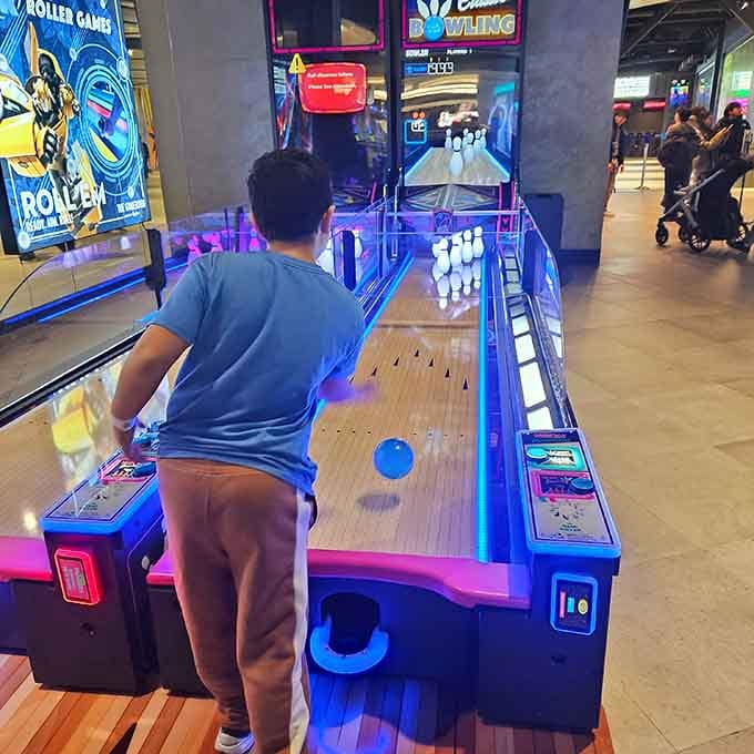 Nothing says "I've got this" quite like a kid concentrating on bowling while the pins tremble in fear.