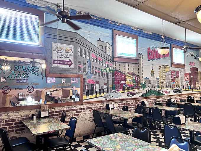 That iconic cityscape mural makes you feel like you're dining in the heart of Columbia, which you are.