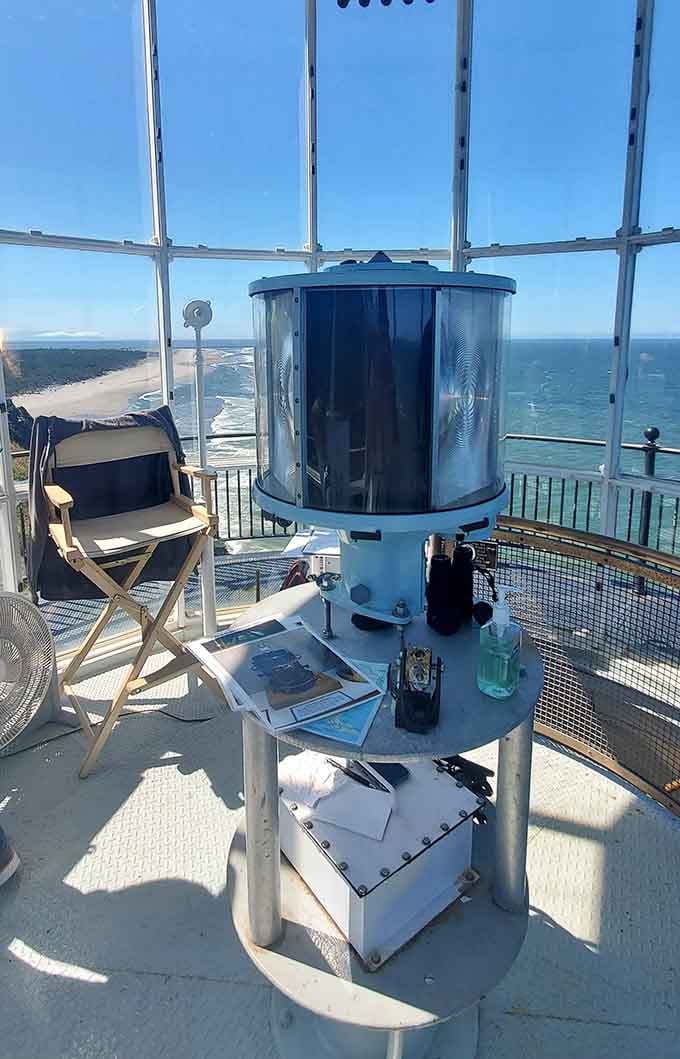 Inside the lantern room, vintage engineering meets million-dollar views in the best possible way.