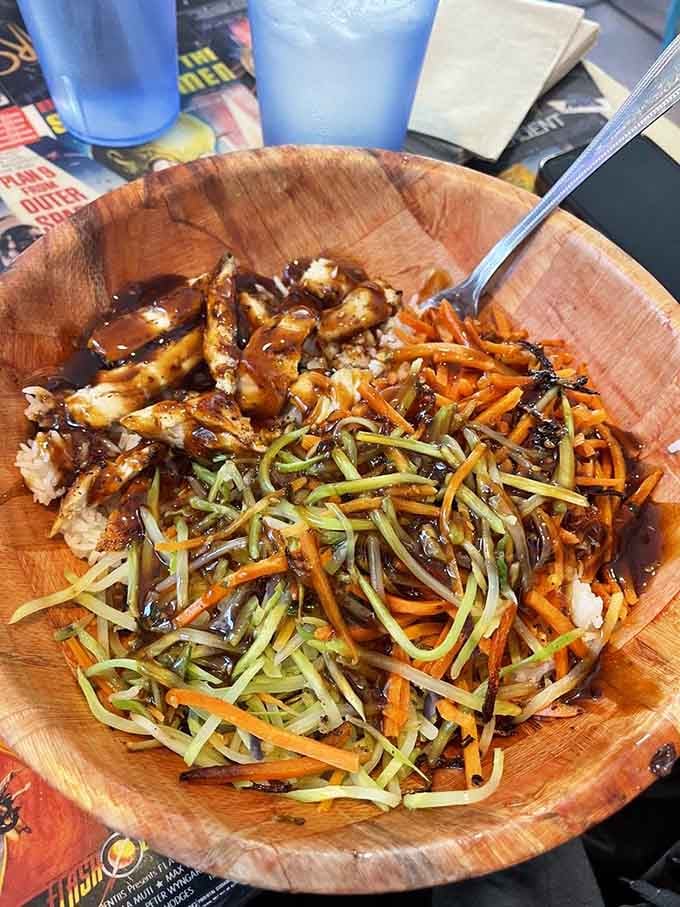 Teriyaki chicken over rice with fresh vegetables offers a lighter option that's still packed with bold flavor.