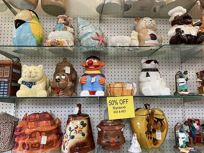 Cookie jars shaped like everything imaginable line up, ready to guard your snacks with maximum personality and charm.