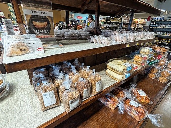 Fresh pastries and breads line these shelves like a carbohydrate lover's version of winning the lottery jackpot.