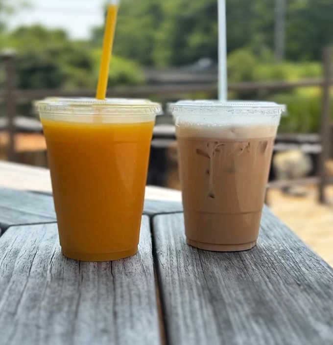 Fresh-squeezed orange juice and iced coffee sitting pretty, ready to jumpstart your day the right way.