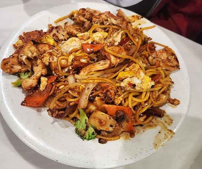 Hibachi noodles with chicken showing off that perfect char, the kind that makes you want to high-five the chef immediately.