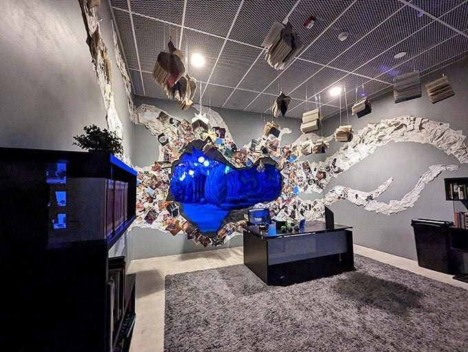 Books and objects defy gravity in this surreal room where physics clearly called in sick.