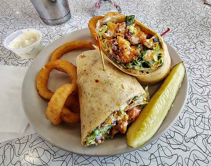 This chicken wrap with onion rings proves that sometimes the lighter option can still be seriously satisfying.