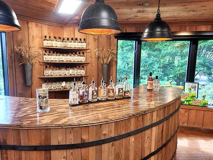 A curved wooden bar that looks ready to serve everything from sweet tea to something considerably stronger after dinner.