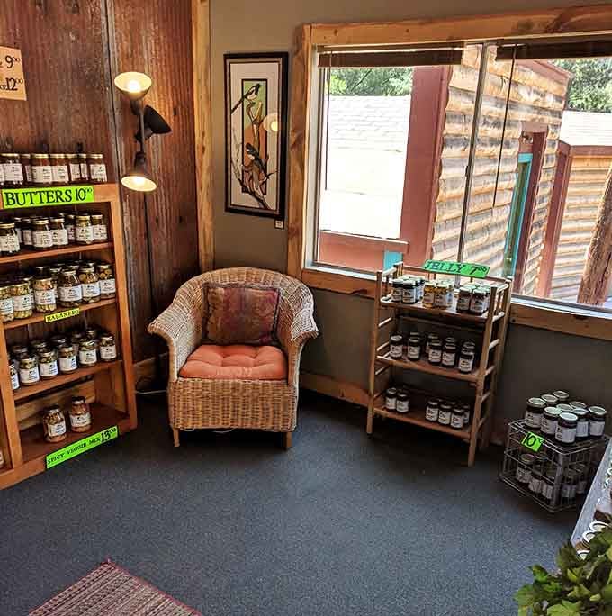 That cozy wicker chair is perfect for contemplating which of these hundred jars you're actually going to buy.