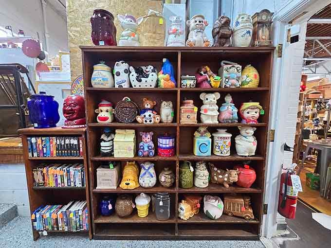 Cookie jars that once guarded chocolate chips from sneaky kids now await their next kitchen assignment together.