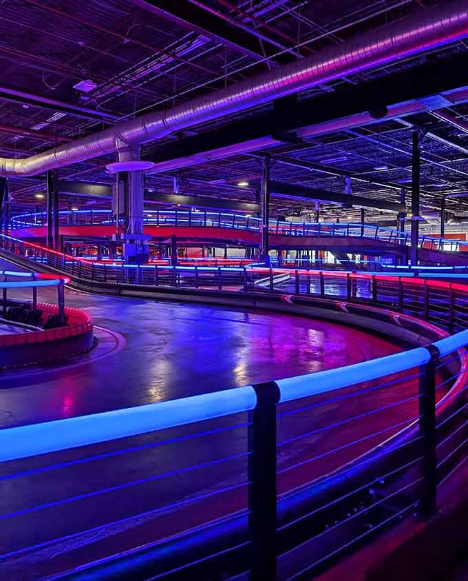 Purple and blue lighting creates an atmosphere that's part Tron, part Monaco Grand Prix, entirely Long Island.