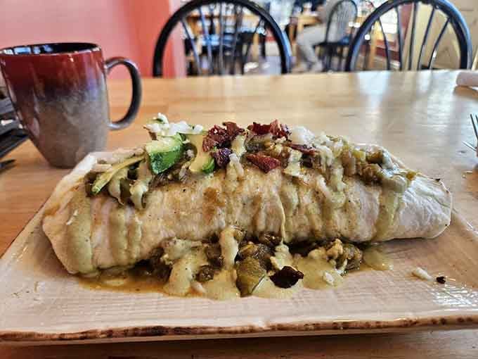 That breakfast burrito looks like it's been hitting the gym, absolutely massive and ready to fuel your day.