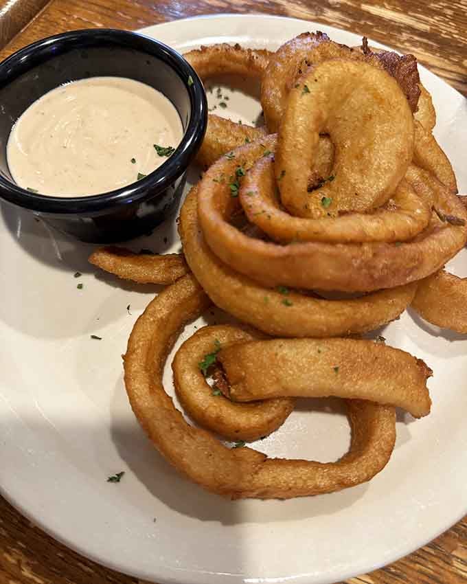 Onion rings so perfectly golden they deserve their own Instagram account and possibly a modeling contract.