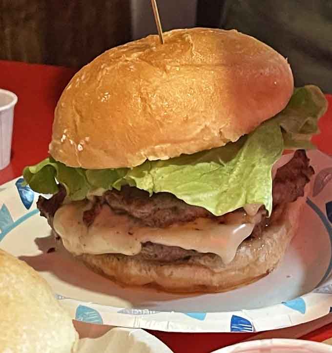 Lettuce, cheese, and two juicy patties stacked high create the kind of burger that requires both hands and zero regrets.