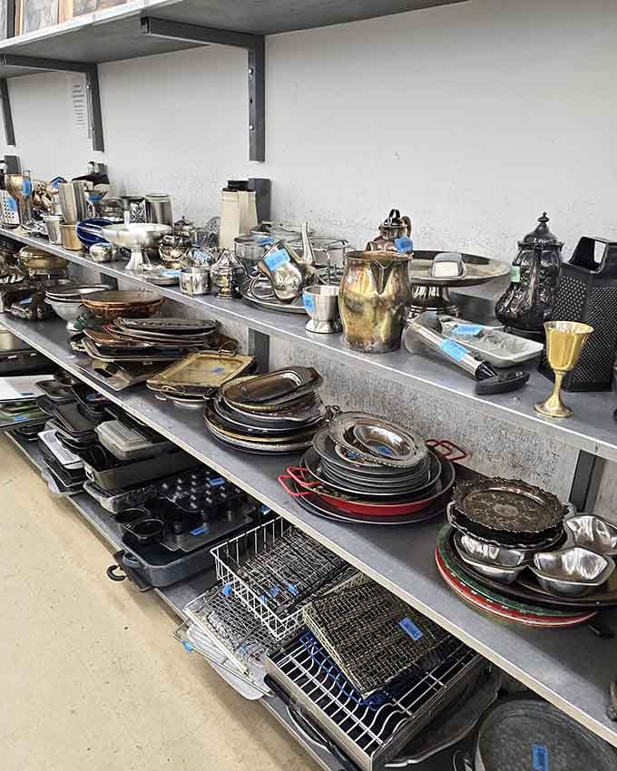 Cookware and serving pieces await their second chance at culinary glory in someone's newly thrifted kitchen collection.