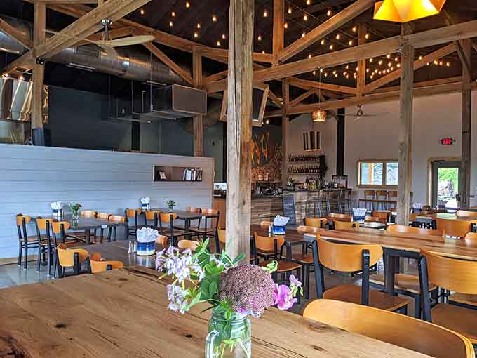 That spacious interior with exposed beams proves great barbecue deserves a setting as impressive as the food.