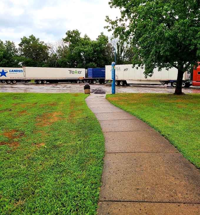 Shaded walkways and mature trees provide a peaceful escape from the rumble of eighteen-wheelers passing by.