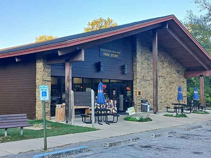 The park store stands ready to supply forgotten essentials, because someone always forgets the marshmallows or fishing line inevitably.