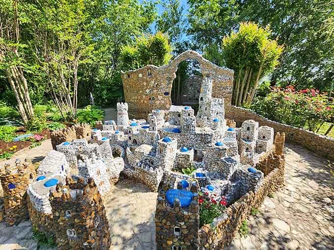 Towers and turrets cluster together like a medieval city designed by someone with extraordinary vision and time.