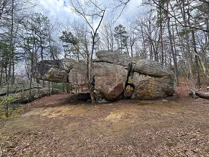 Ancient rock balanced on mystery and time, creating a natural shelter that's been standing longer than any of us.
