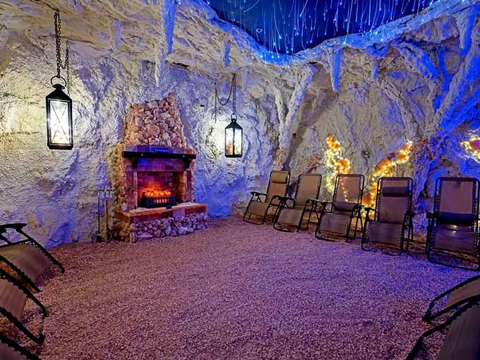 That fireplace and twinkling ceiling lights at Royal Salt Cave & Spa create ambiance that makes everyday worries seem wonderfully far away.