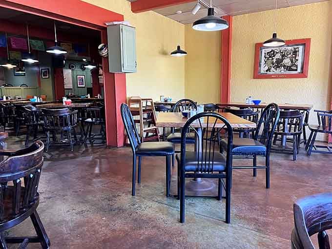 Simple tables and chairs where countless satisfied customers have enjoyed memorable meals over the years together.