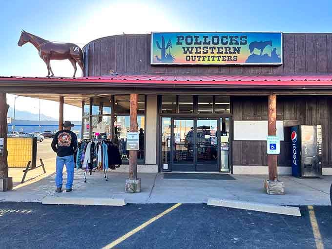 Western outfitters remind you this is real ranch country, not some theme park version of the Old West.
