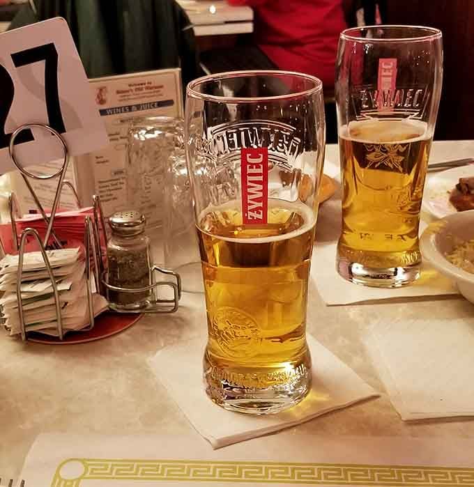 Cold beer in proper glassware because even casual dining deserves a touch of Old World class and style.