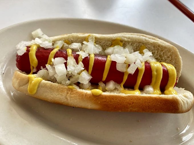 Classic hot dog with mustard and onions&mdash;sometimes the simplest pleasures are the ones that make you happiest and fullest too.