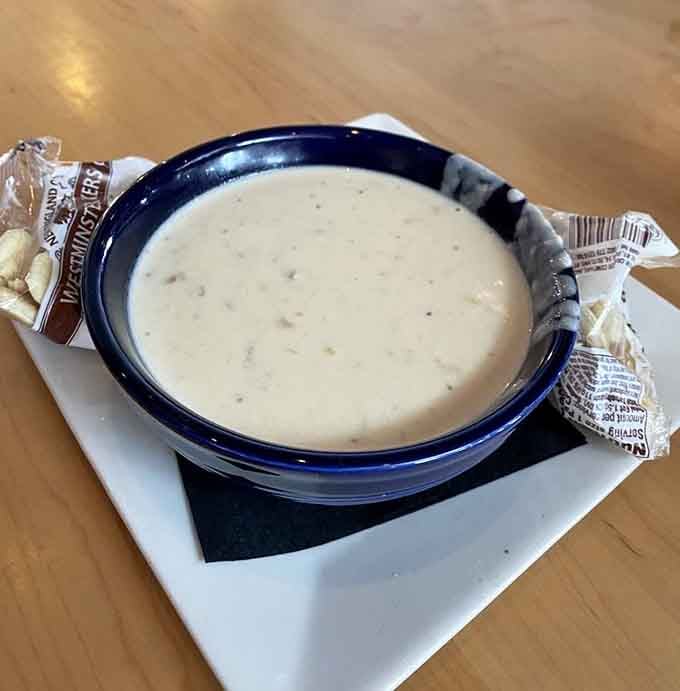 Creamy New England clam chowder arrives thick, rich, and loaded with clams that taste like the ocean's best offering.