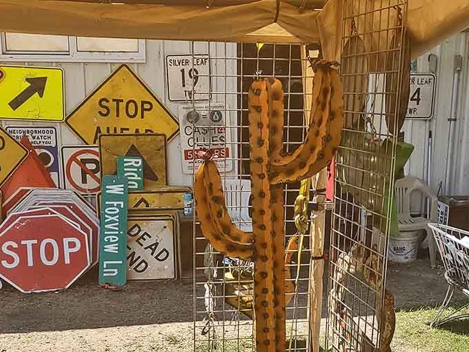 Vintage road signs and rusty metal art that'll transform your man cave into a roadside Americana museum instantly.