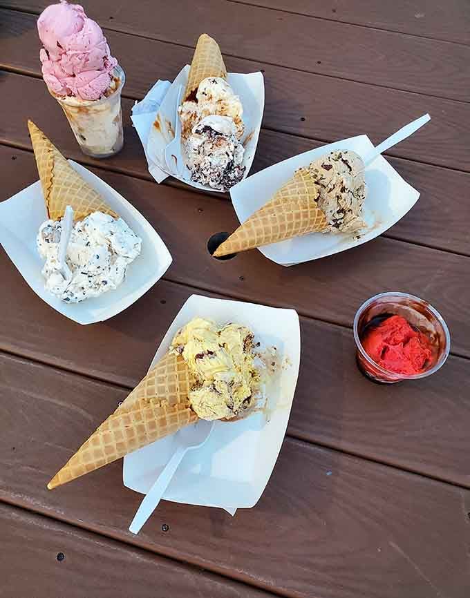 Multiple cones on a picnic table: the universal symbol that good decisions are being made all around.