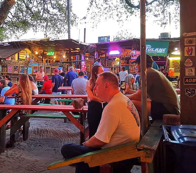 Picnic tables fill with happy diners as twilight descends, creating that magical combination of great food and live music.