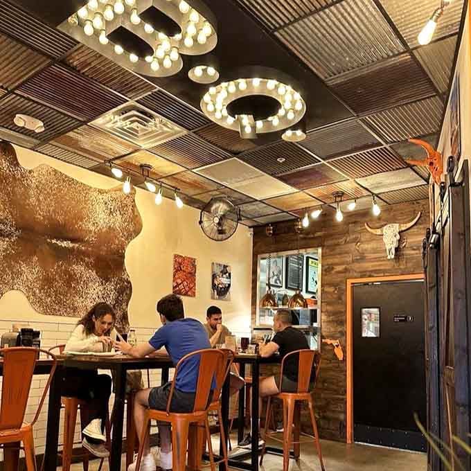 The corrugated metal ceiling and longhorn skull set the stage for serious barbecue business below.