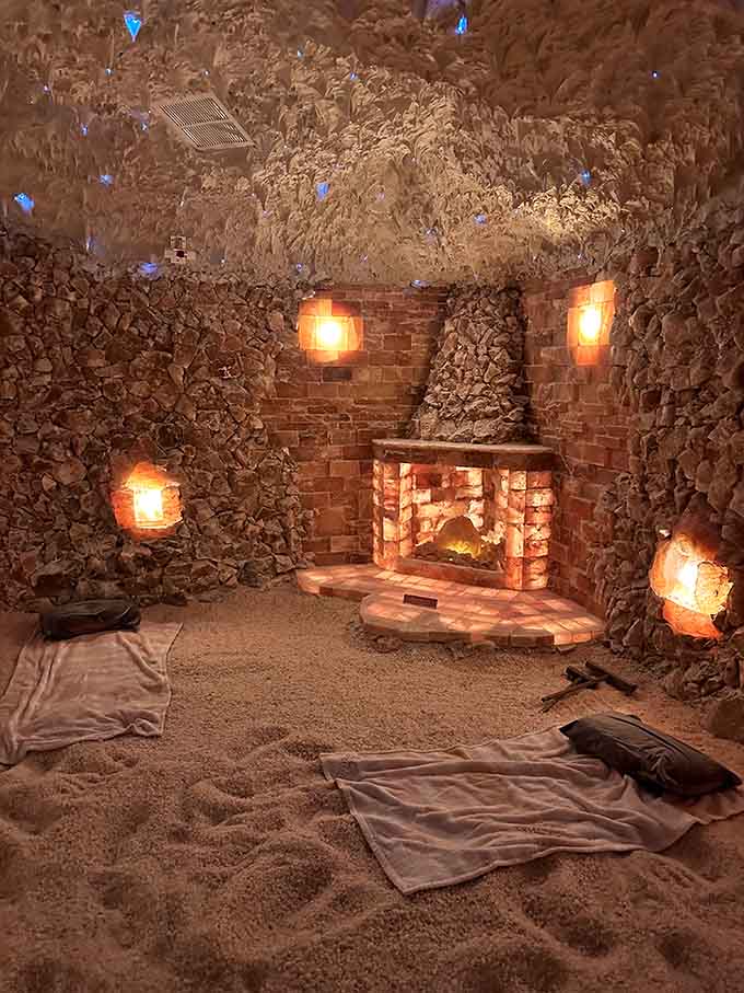 This salt fireplace centerpiece creates an otherworldly ambiance that makes you forget you're in a suburban shopping area.