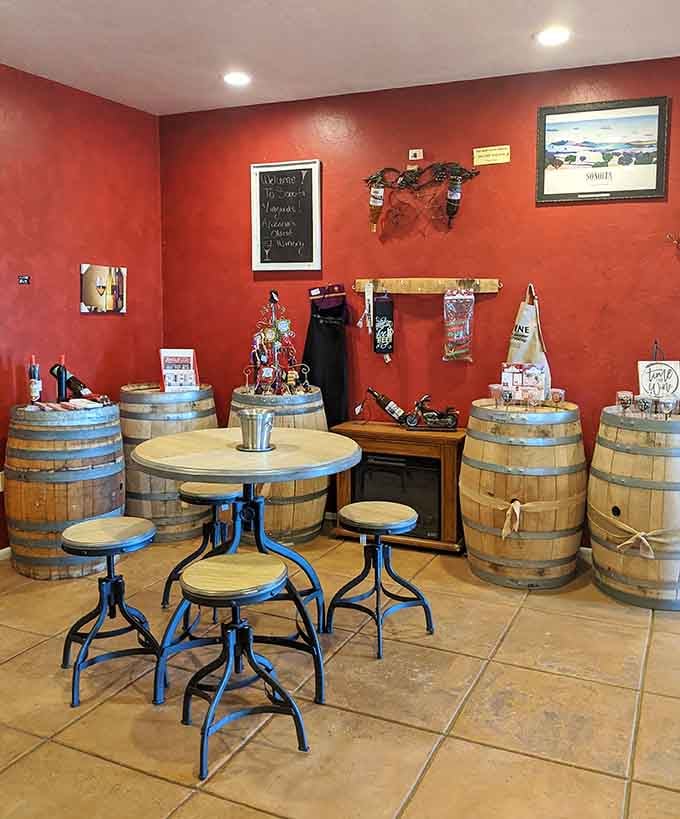 Wine barrel tables and rustic seating create the perfect spot for contemplating life's important questions over Cabernet.