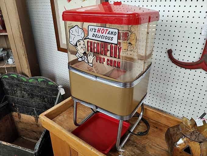 That vintage popcorn warmer promises "hot and delicious" French fry popcorn, which sounds both confusing and absolutely necessary.