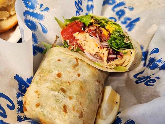 This burrito wraps up fresh ingredients in a flour tortilla, proving Splash Caf&eacute;'s talents extend beyond their legendary soup.