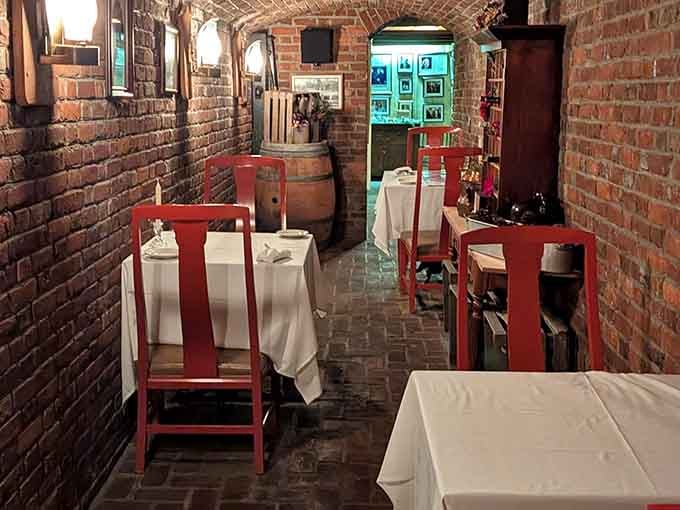 Exposed brick walls and white tablecloths create that rare combination of rustic and refined.