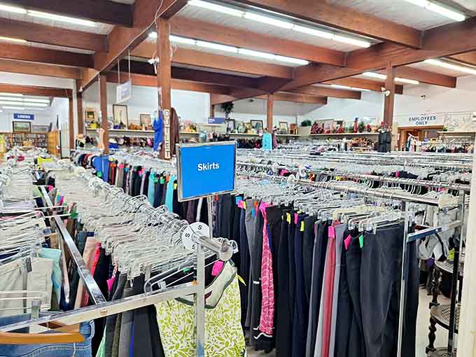 The skirts section stretches endlessly, proving that one person's closet cleanout is another's fashion jackpot.