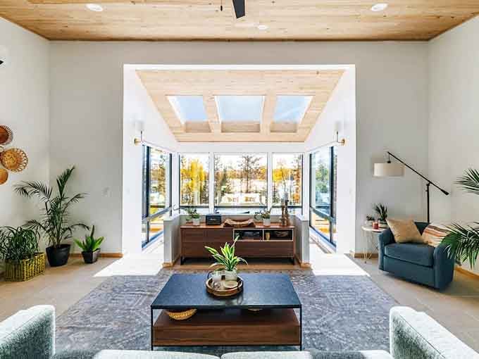 Those windows frame the forest like a gallery wall, except the art changes with every season and costs nothing.