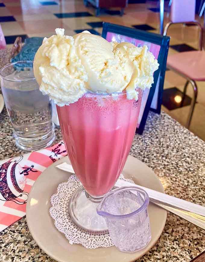 That cherry soda pink is so perfect it looks like happiness decided to become a beverage today.