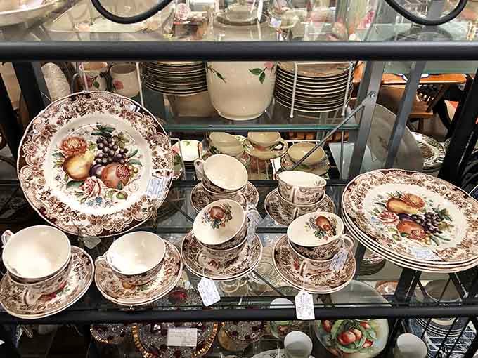 Fine china with fruit motifs that graced Thanksgiving tables when everyone dressed up for dinner and used proper napkins.