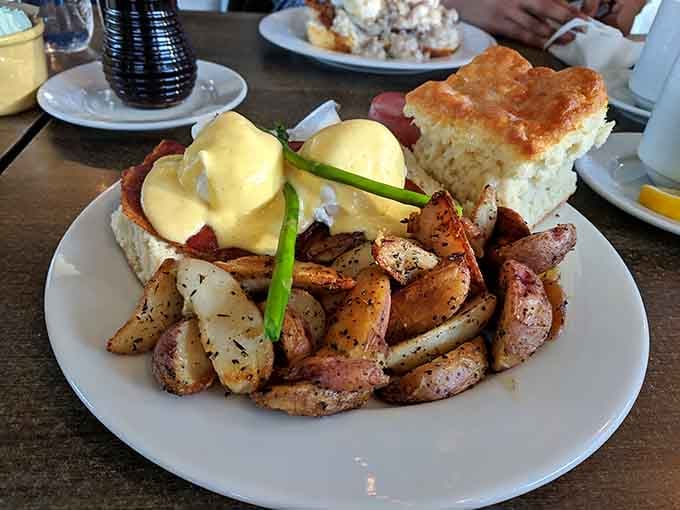 Bay Crab Benedict on a homemade biscuit with hollandaise that'll make you weep tears of pure joy.