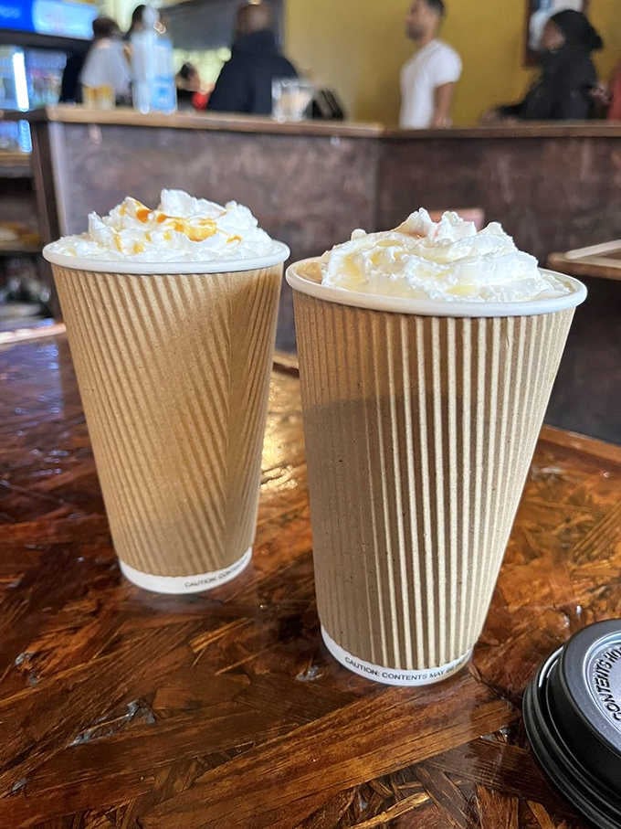 Hot lattes topped with whipped cream, because coffee should feel like a hug in a mug every single time.
