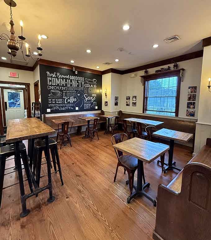 Rustic tables and chalkboard wisdom create the kind of atmosphere where coffee tastes better and time slows down.