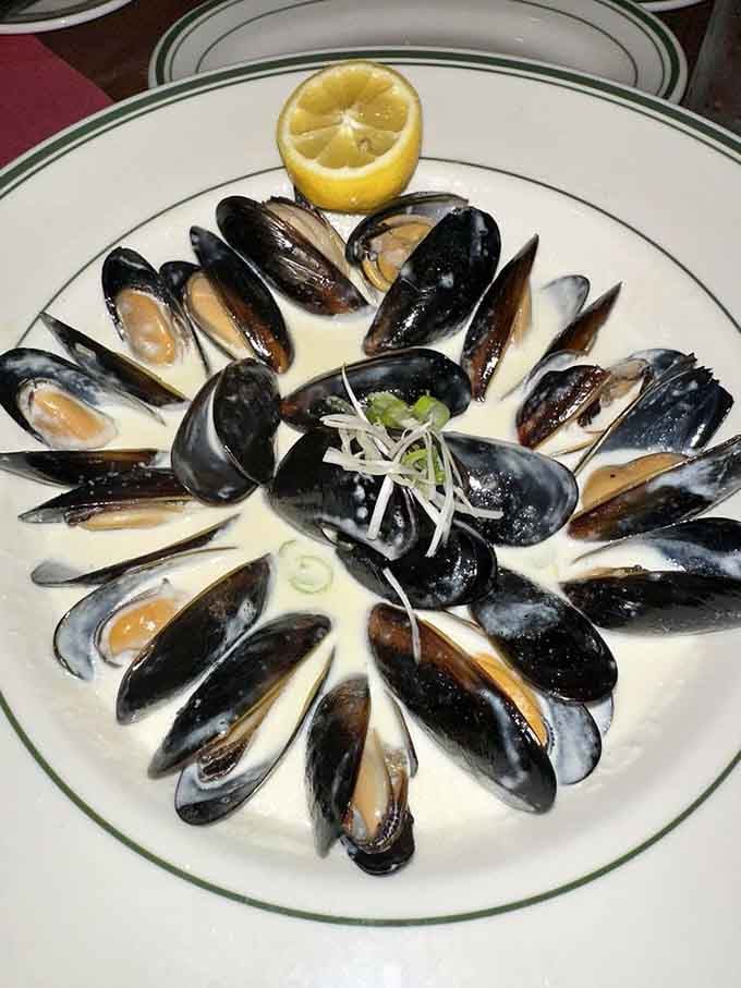 Mussels arranged like edible art, proving that Southern restaurants can do coastal cuisine with serious style.