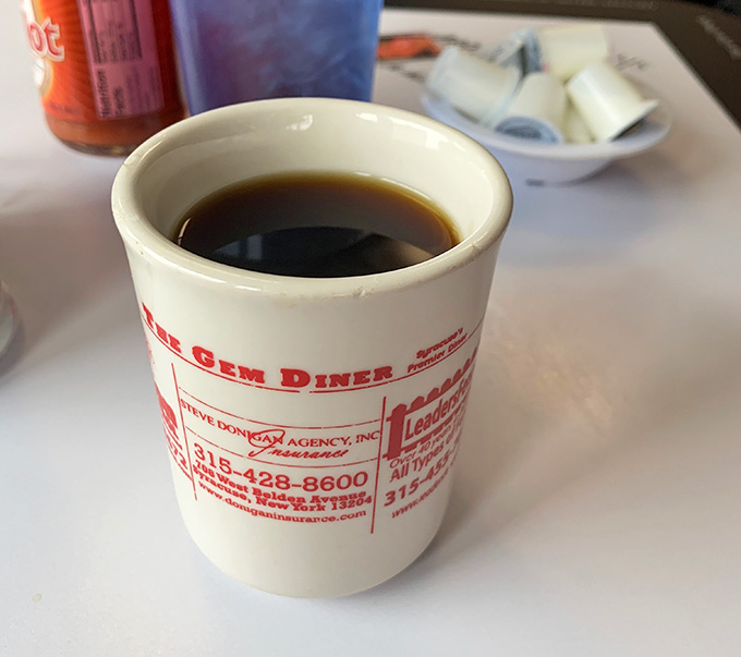 Strong diner coffee served in classic mugs keeps you fueled for the feast ahead at The Gem.