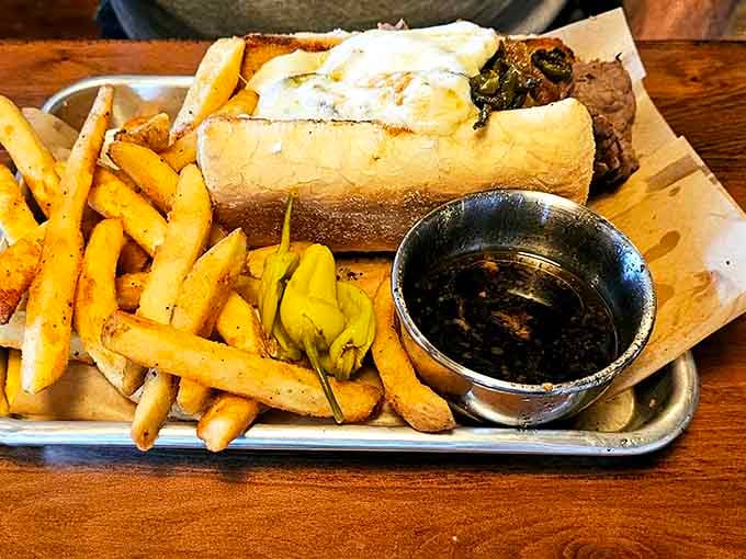 The Italian Beef sandwich arrives with au jus for dipping and enough fries to share with your entire squadron.