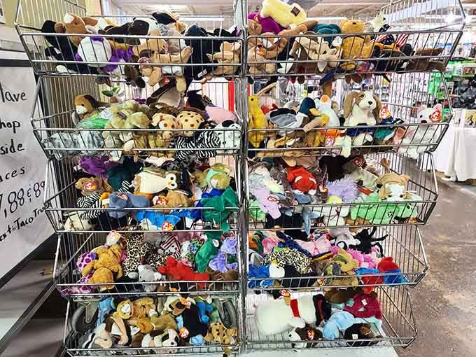 Stuffed animals overflow from wire baskets, creating a cuddly avalanche that'll transport grandparents back to childhood instantly.